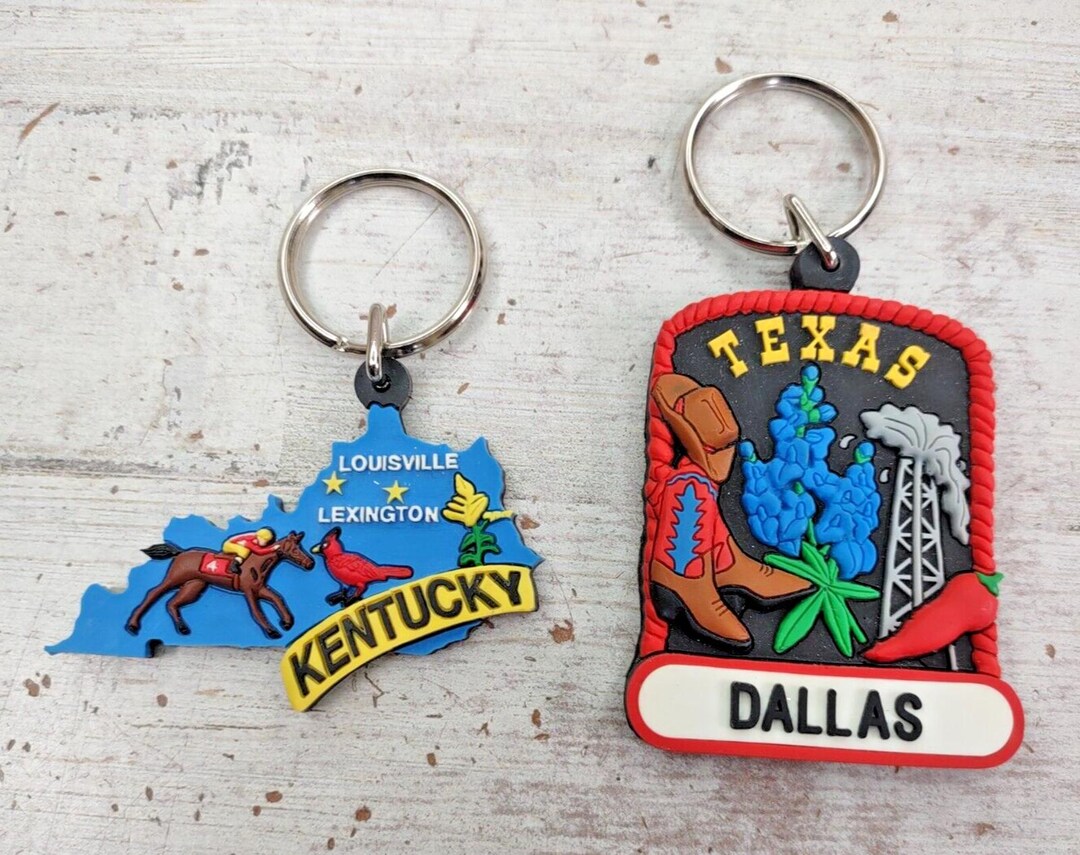 2 Vintage Rubber Souvenir Keyrings Keychains Kentucky Dallas Texas ...