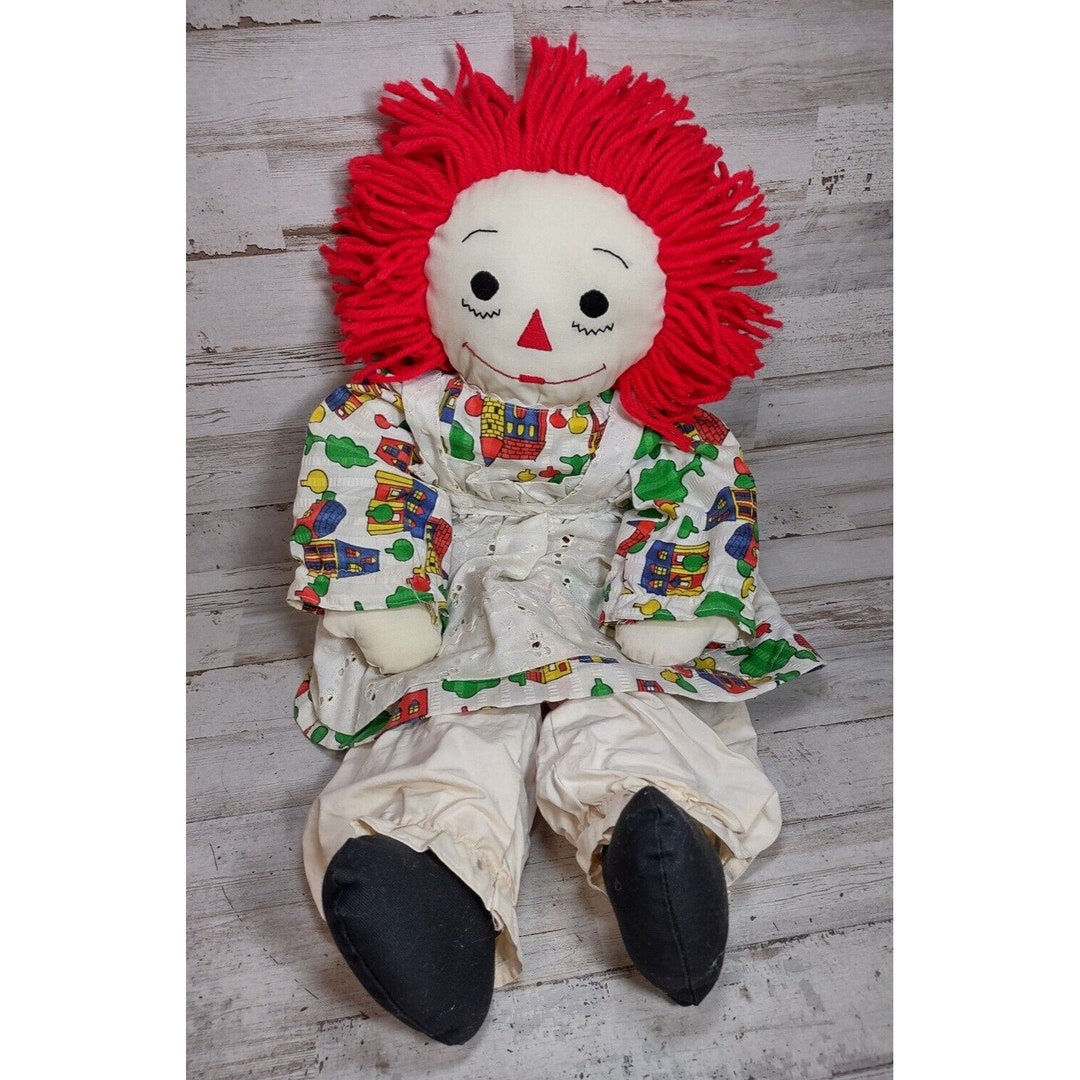 Vintage Large Raggedy Ann Doll Plush W/ Colorful House Tree Dress Apron ...