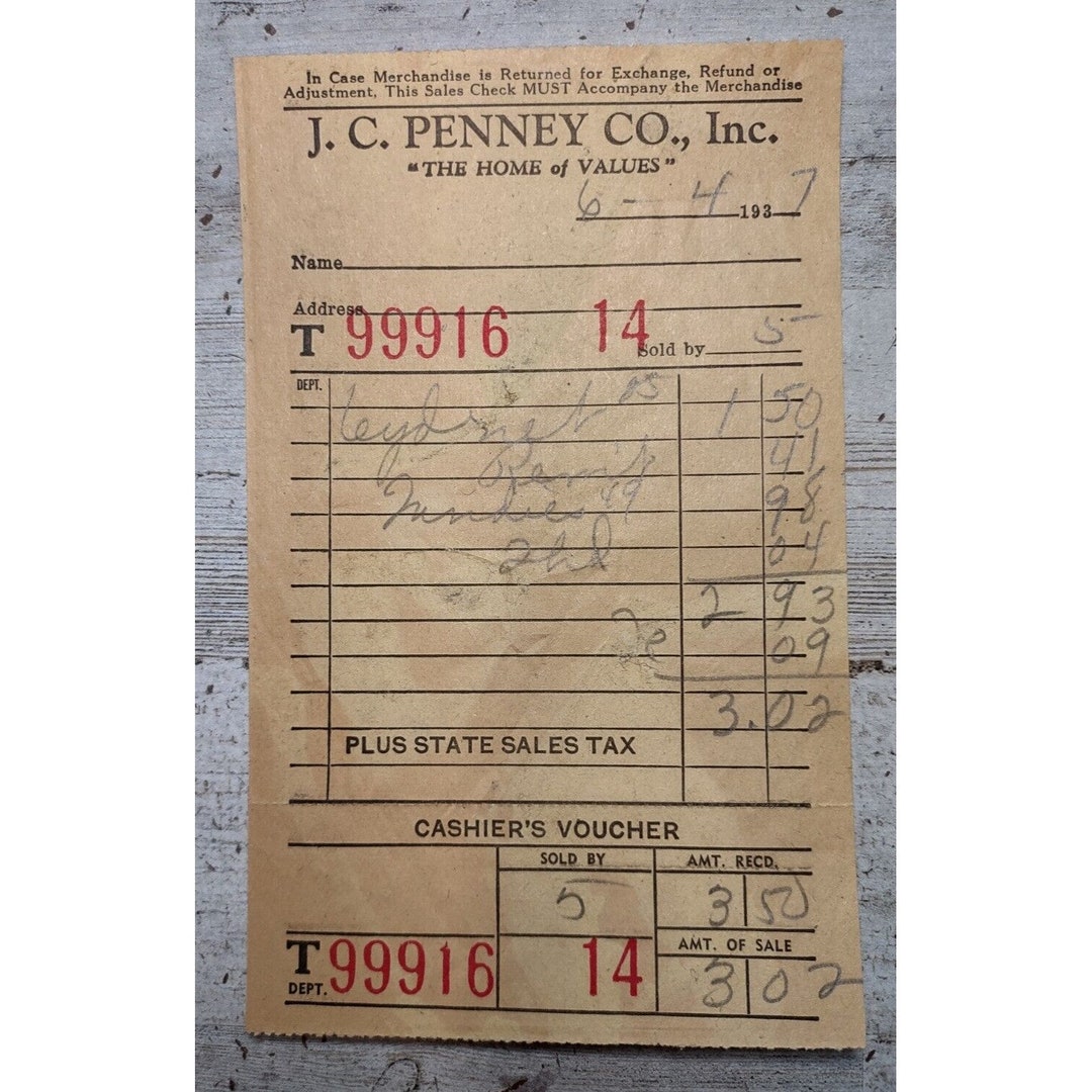 Vintage JC Penney Handwritten Sales Receipt Ephemera Cash Purchase ...