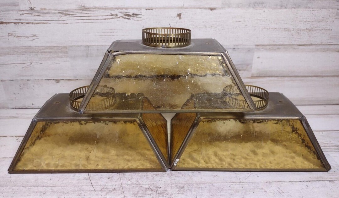 Set of 3 Vintage MCM Stained Glass Brass Hanging Lamp Shades Yellow ...