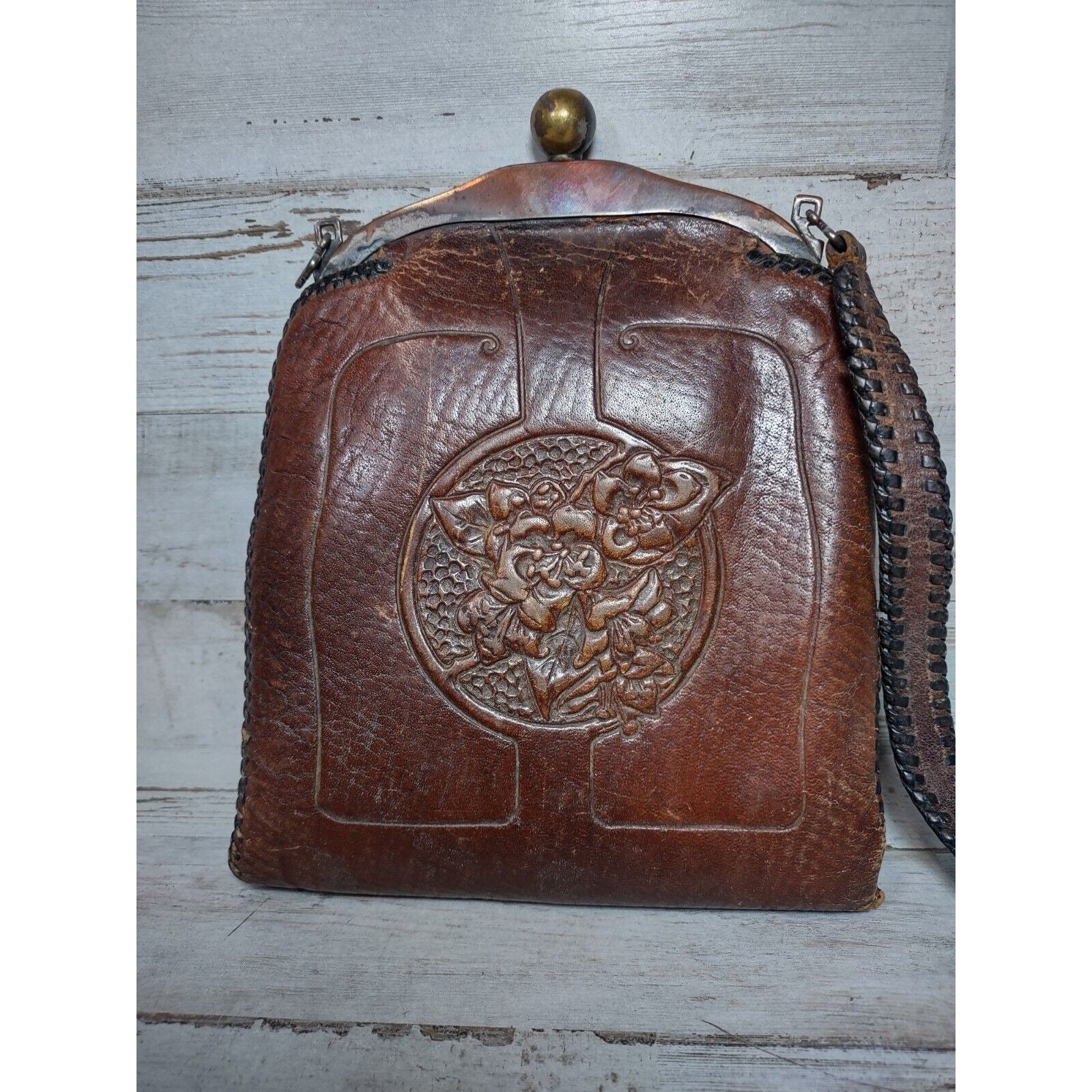 Antique 1900s Teitzel Art Nouveau Hand Tooled Leather Purse Suede ...