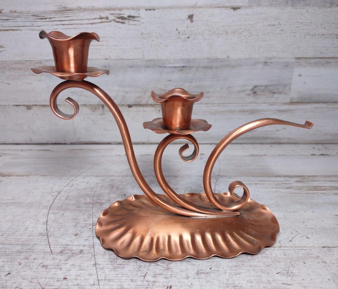 Vintage Solid Copper Floral Branch Dual Candle Taper Candlestick Holder ...