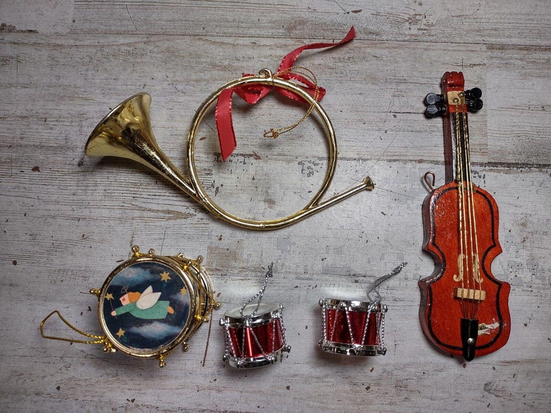 Lot of 5 Musical Instrument Christmas Ornaments Music Violin Drums Horn ...