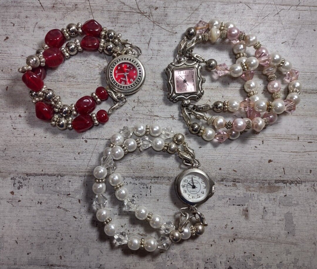 3 Vintage Geneva Quartz Women's Watches W/ Beaded Bands Pink Red DRY ...