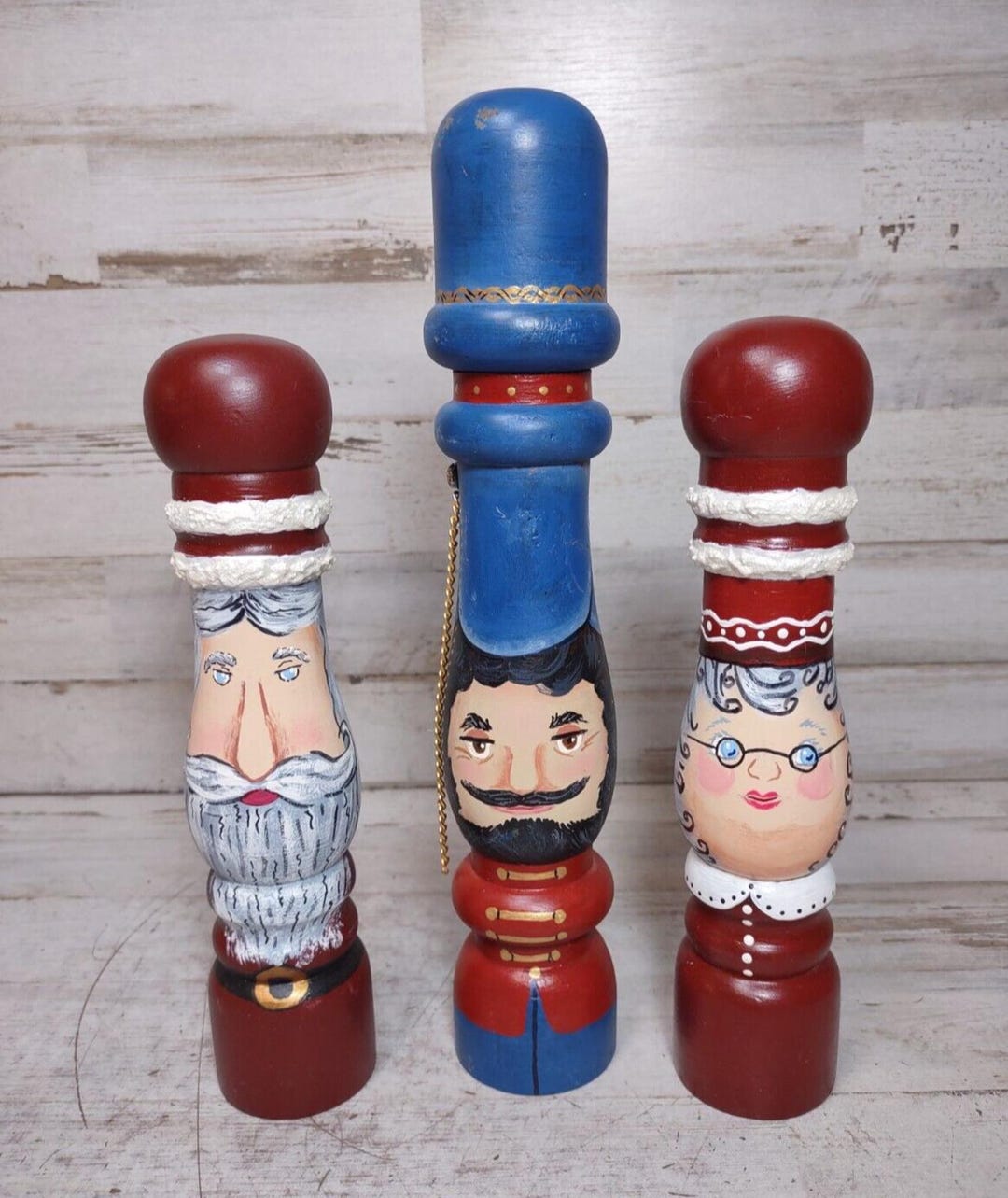 3 Vintage Folk Art Painted Turned Wood Spindle Santa Mrs Claus Russian ...
