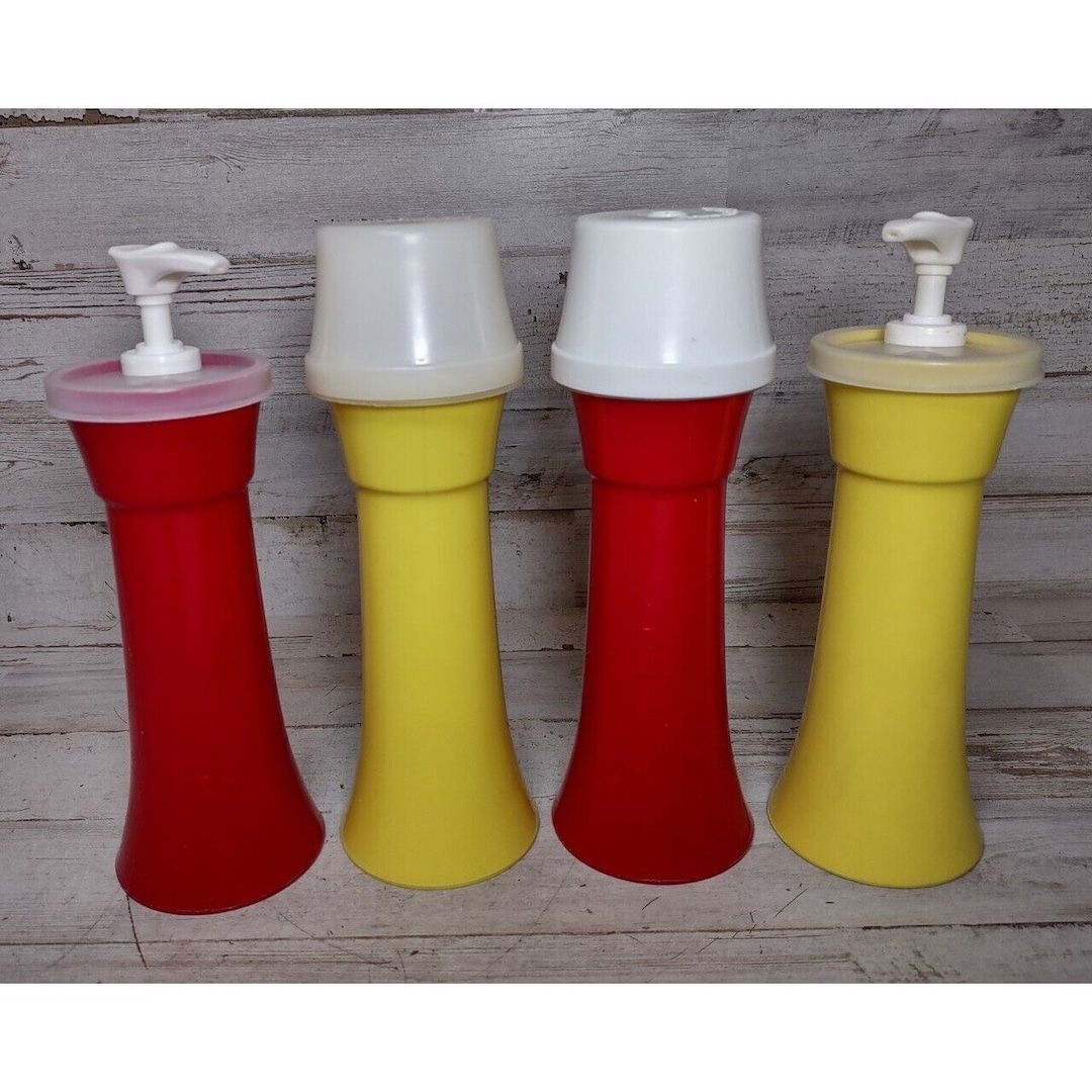 4 Vintage Tupperware Dispensers Ketchup & Mustard W/ 2 Lids Picnic READ ...
