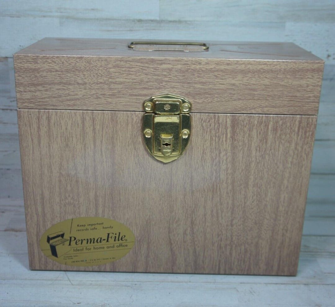Vintage Perma-file Metal Wood Grain File Storage Box W Key 12.5x10 ...