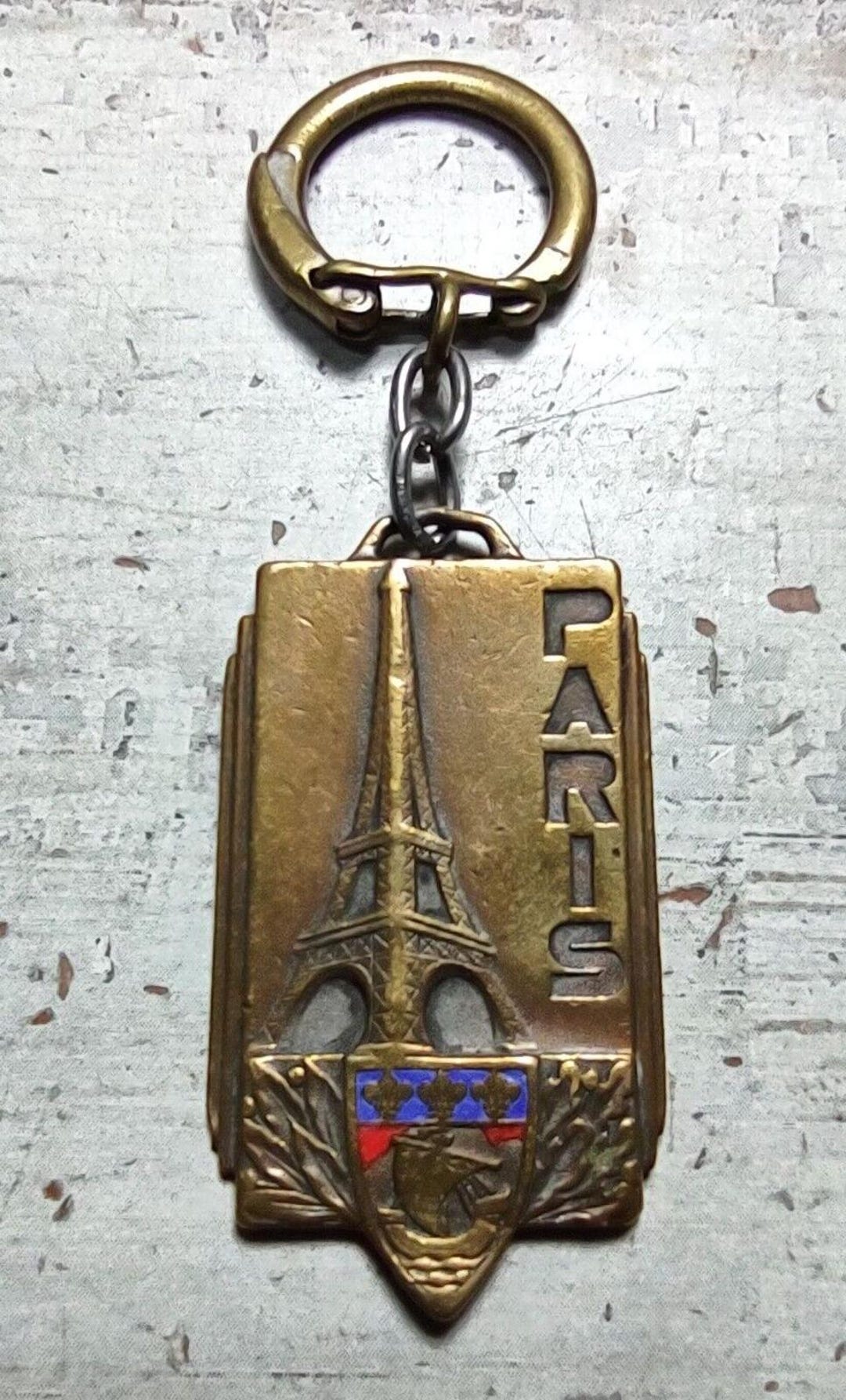 Vintage Paris France Eiffel Tower Seal Brass & Enamel Keychain Keyring ...