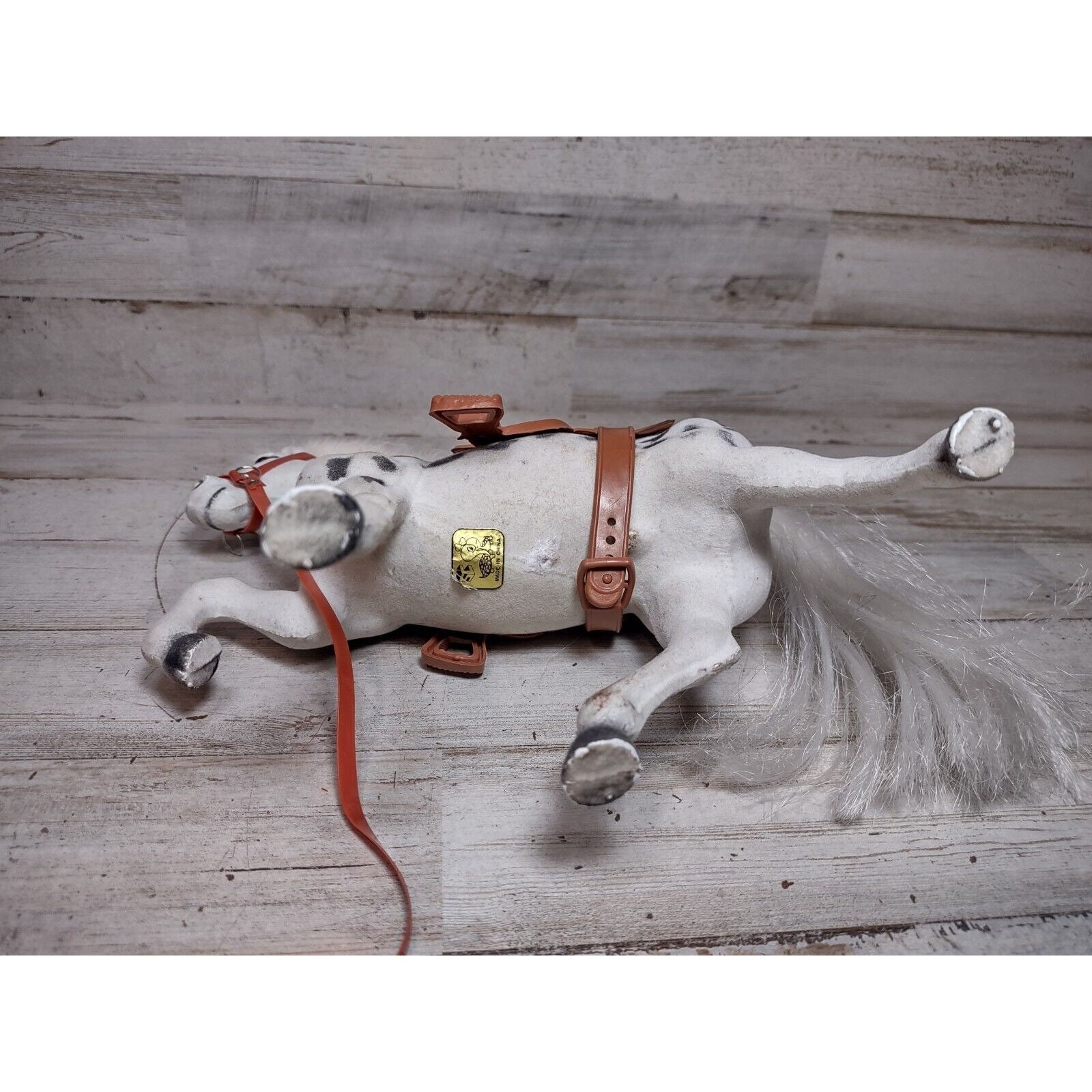 Vintage Flocked Model Horse Toy Black White Spotted SC Sticker W ...