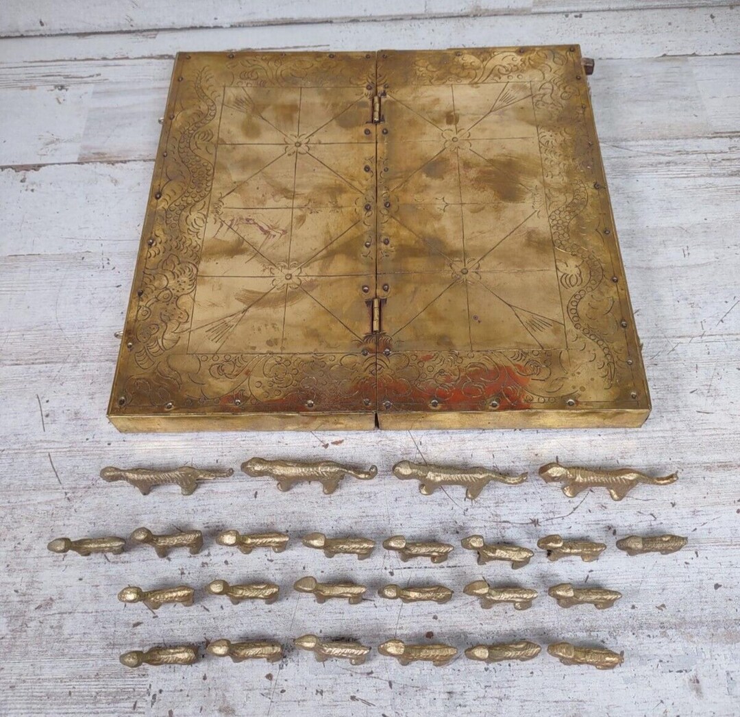 Vintage Nepalese Brass Bagh-chal Tigers and Goats Board Game Complete 8 ...