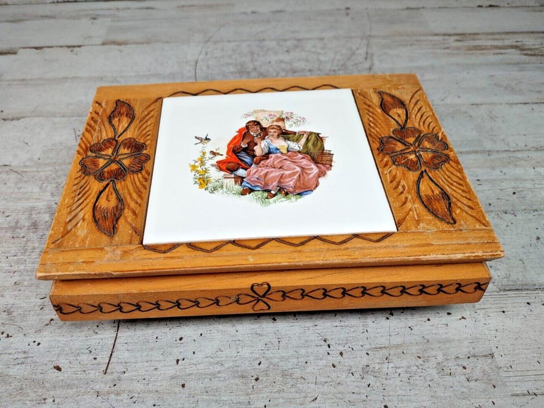 Vintage Wood Burning Pyrography Jewelry Box Colonial Tile Courting ...