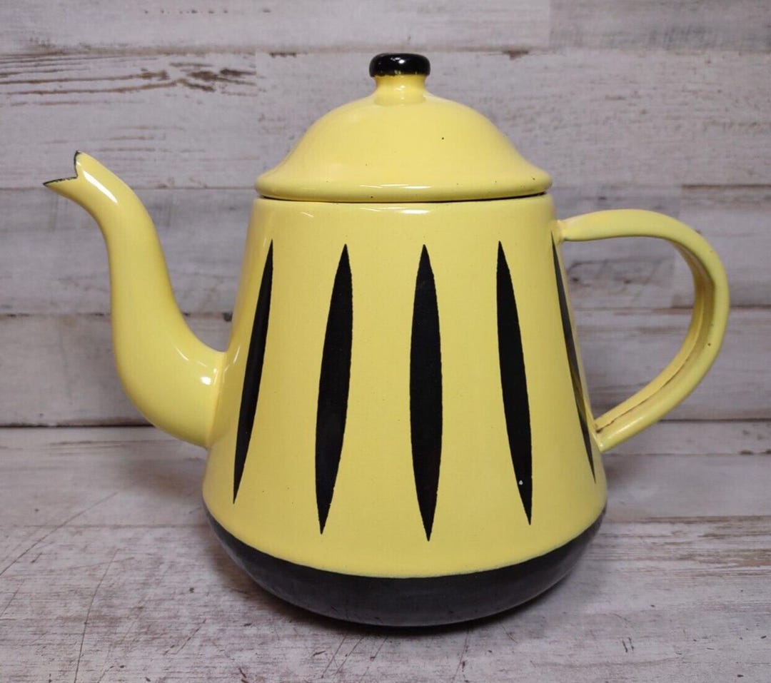 Vintage MCM Enamel Metal Teapot Kettle Yellow and Black Bumblebee ...