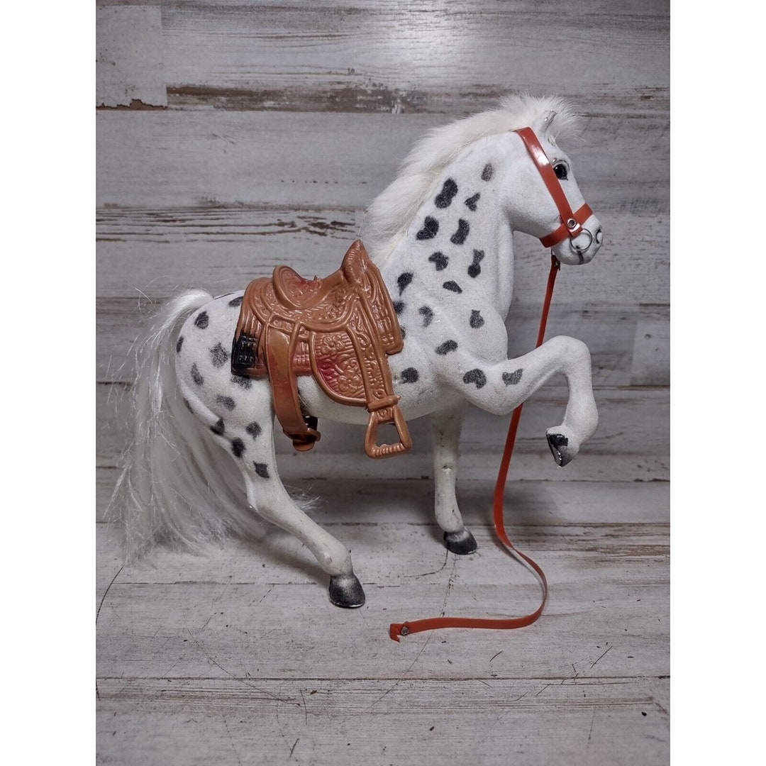 Vintage Flocked Model Horse Toy Black White Spotted SC Sticker W ...