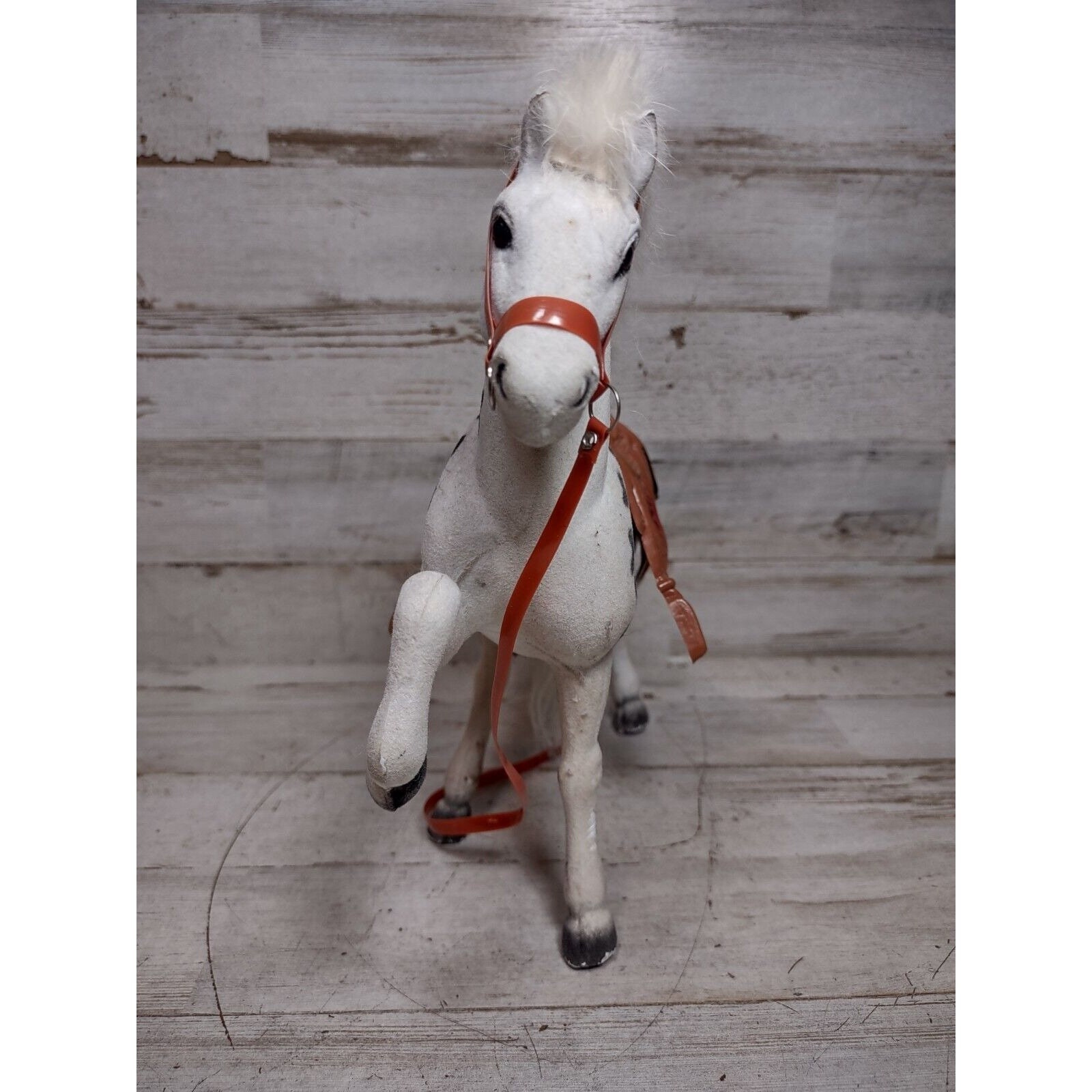 Vintage Flocked Model Horse Toy Black White Spotted SC Sticker W ...