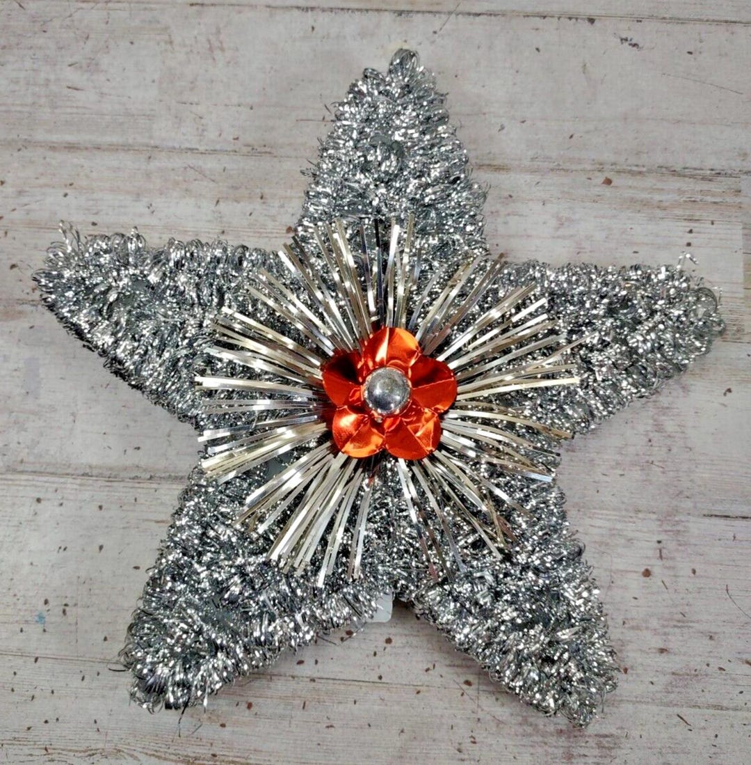 Vintage Curly Tinsel Starburst Silver Foil Star Christmas Decoration ...