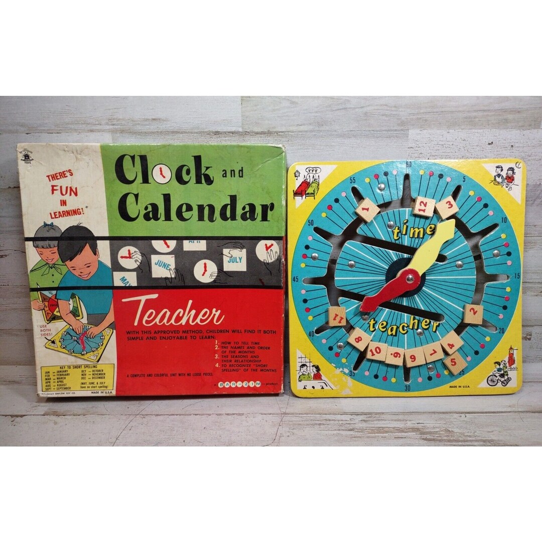 Vintage Bar-zim Clock and Calendar Teacher Learning Toy Time Seasons ...