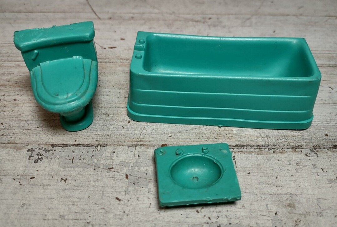 Vintage Wolverine Dollhouse Furniture Bathroom Teal Plastic Toilet Sink ...