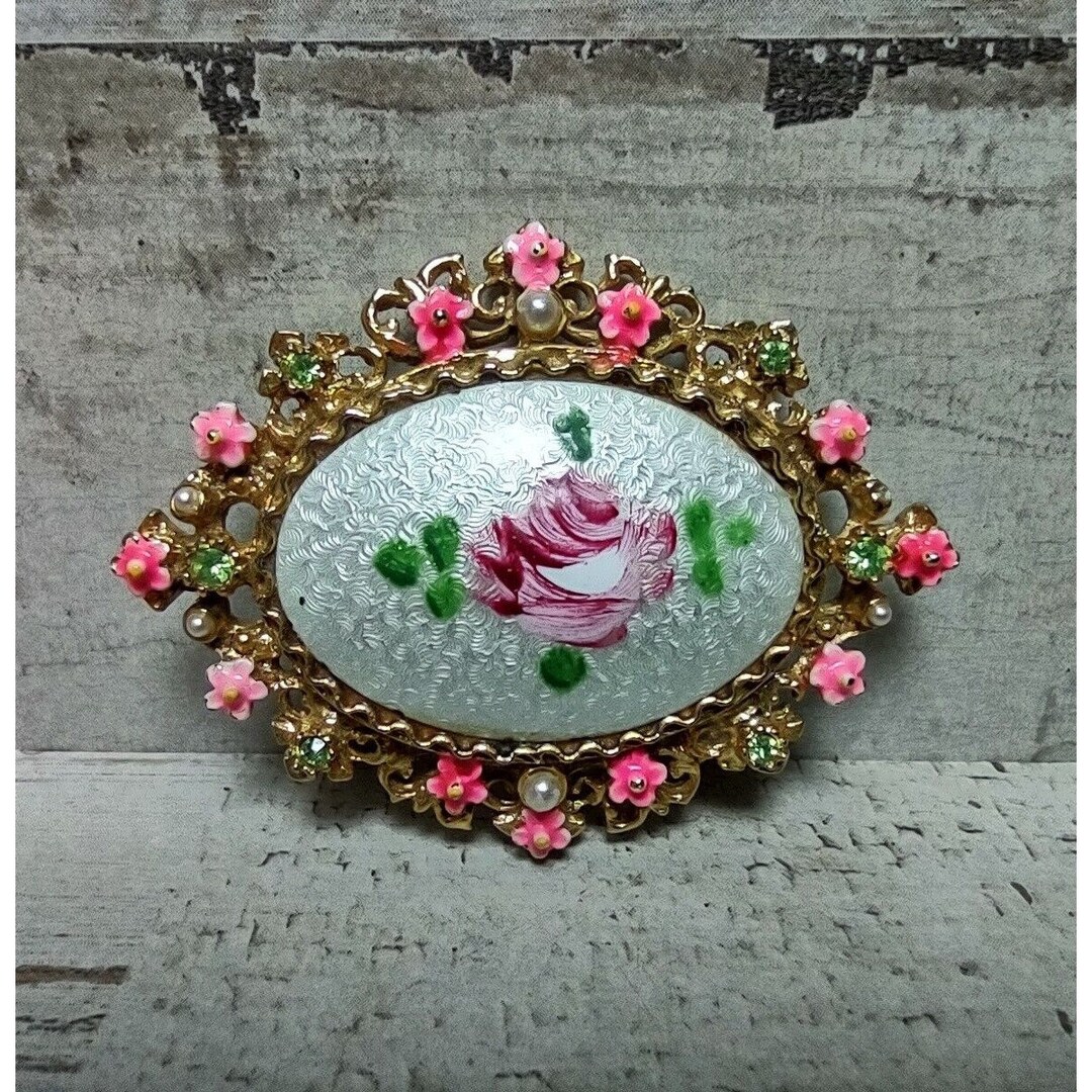 Vintage Signed ART Arthur Pepper Oval Rose Cameo Enamel Rhinestone ...