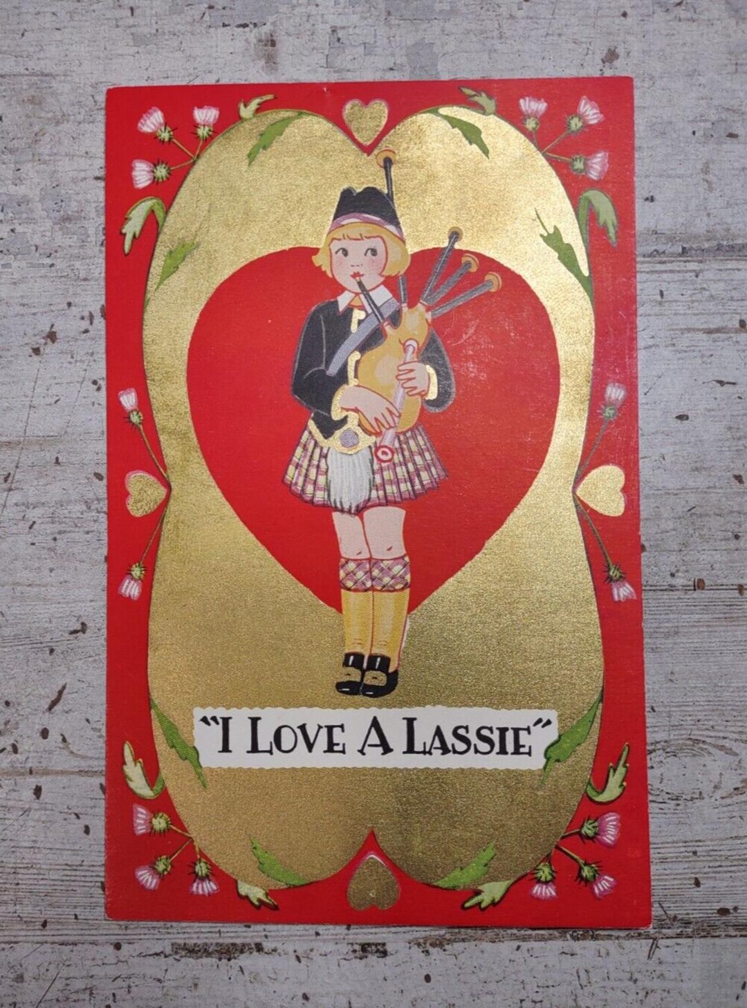Vintage I Love a Lassie Scottish Bagpipe Bagpiper Post Card Valentines ...