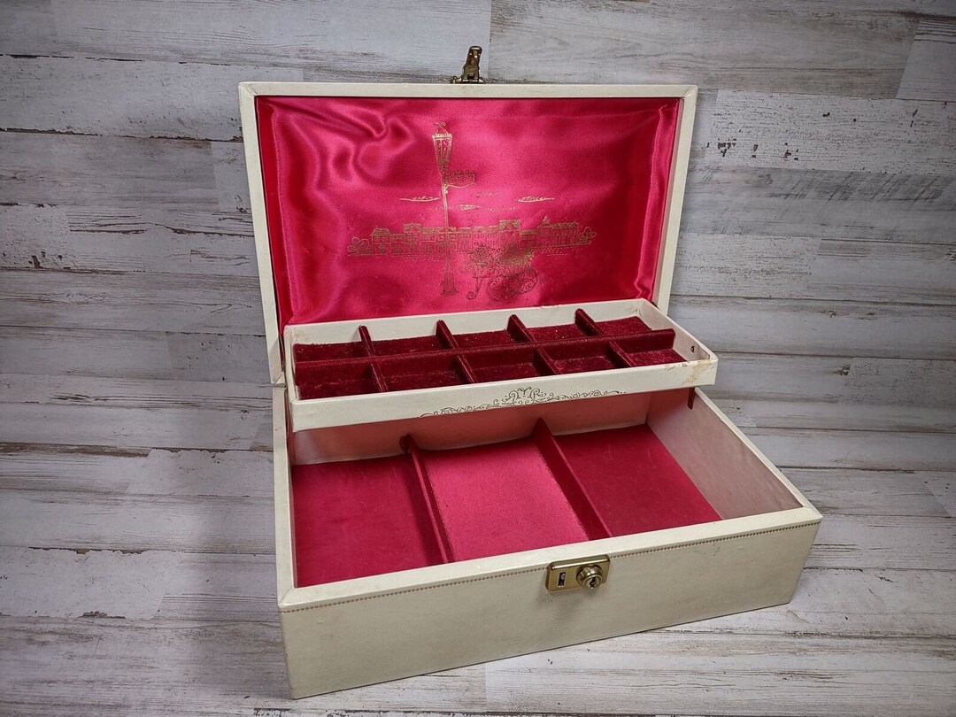 Vintage Cheney England Two Tier Jewelry Box Faux Leather Velvet & Satin ...