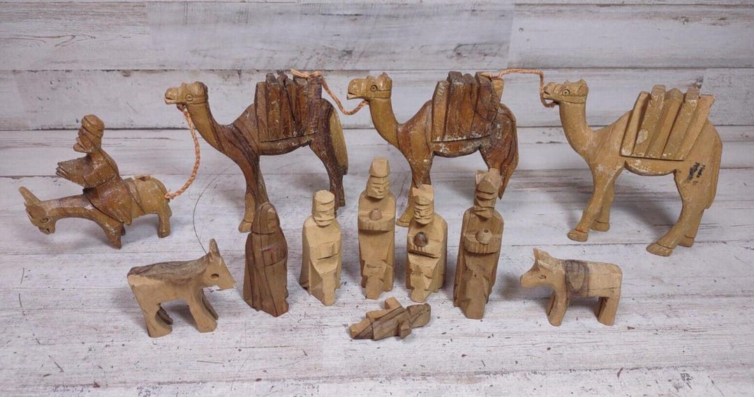 Vintage 10 Piece Olive Wood Carved Primitive Nativity Set Camels Wise ...