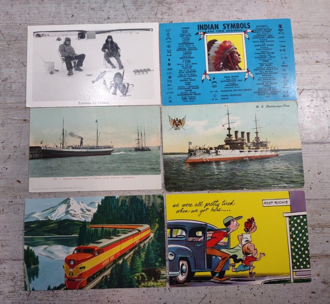 6 Vintage Postcards Battleship Steamship Train Indian Symbols Ice ...