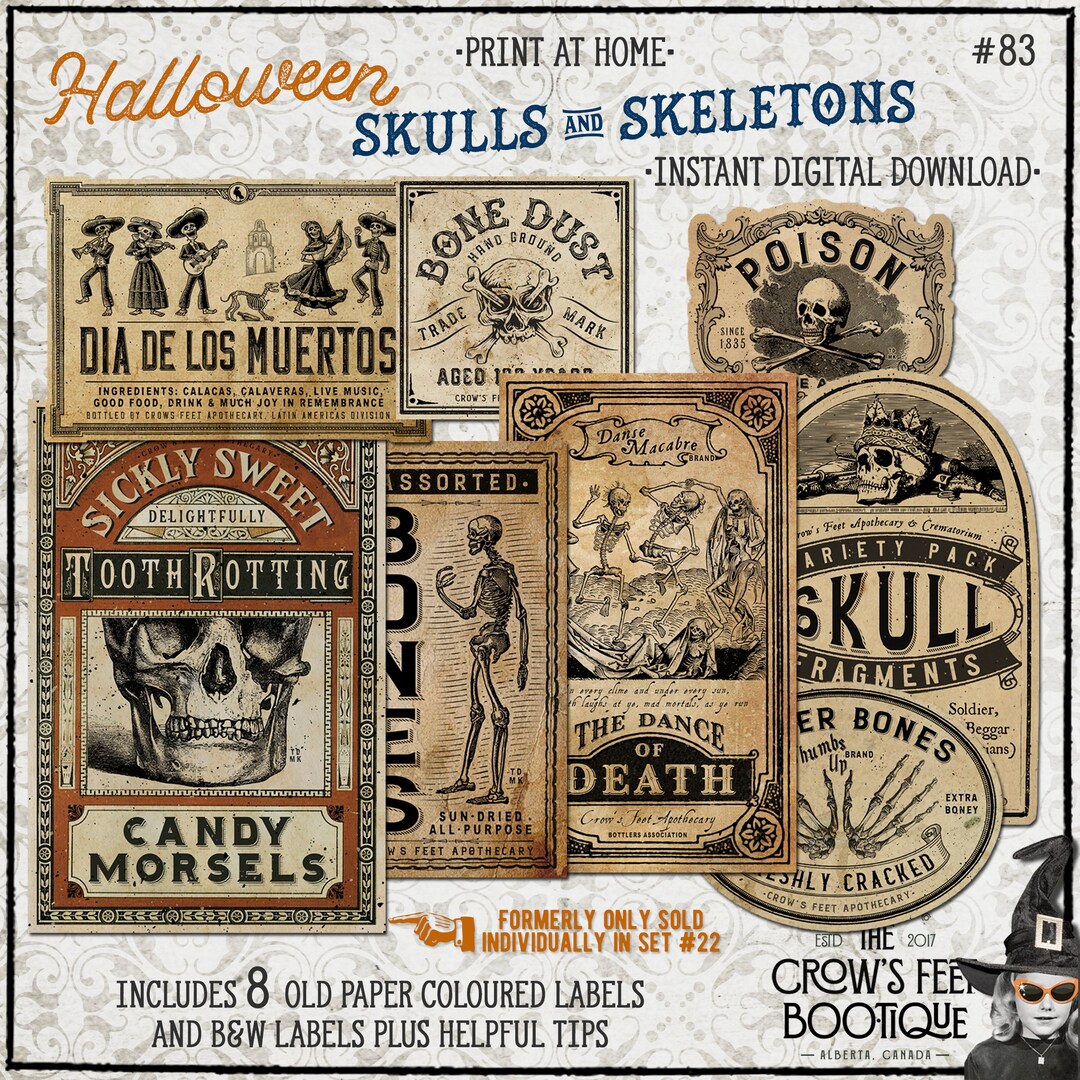 Vintage Look Potion Labels #83, Skulls & Skeletons, Printable Potion ...