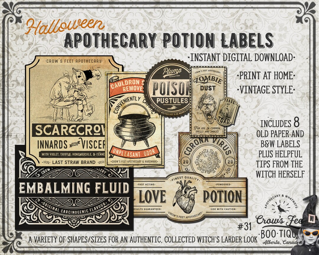 Vintage Look Potion Labels 31, Halloween Apothecary Labels for Jars ...