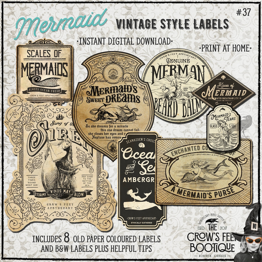 Vintage Look Mermaid Potion Labels #37, Halloween Apothecary Labels for ...