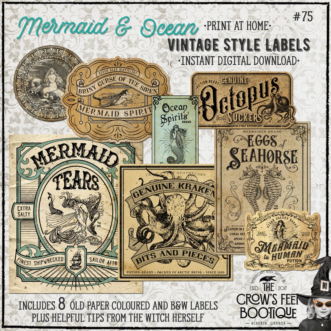 Vintage Look Mermaid & Ocean Potion Labels #75, Halloween Apothecary ...