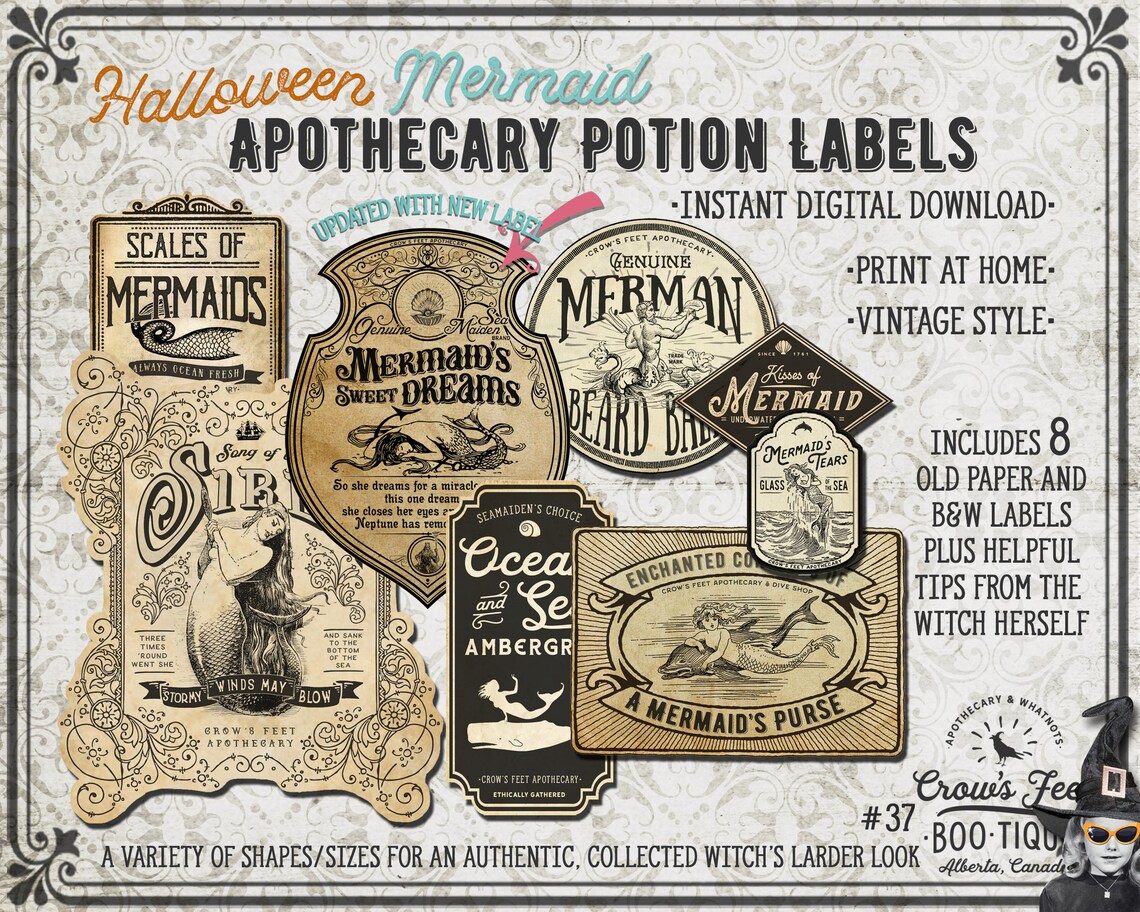 Vintage Look Mermaid Potion Labels 37 Halloween Apothecary - Etsy Canada