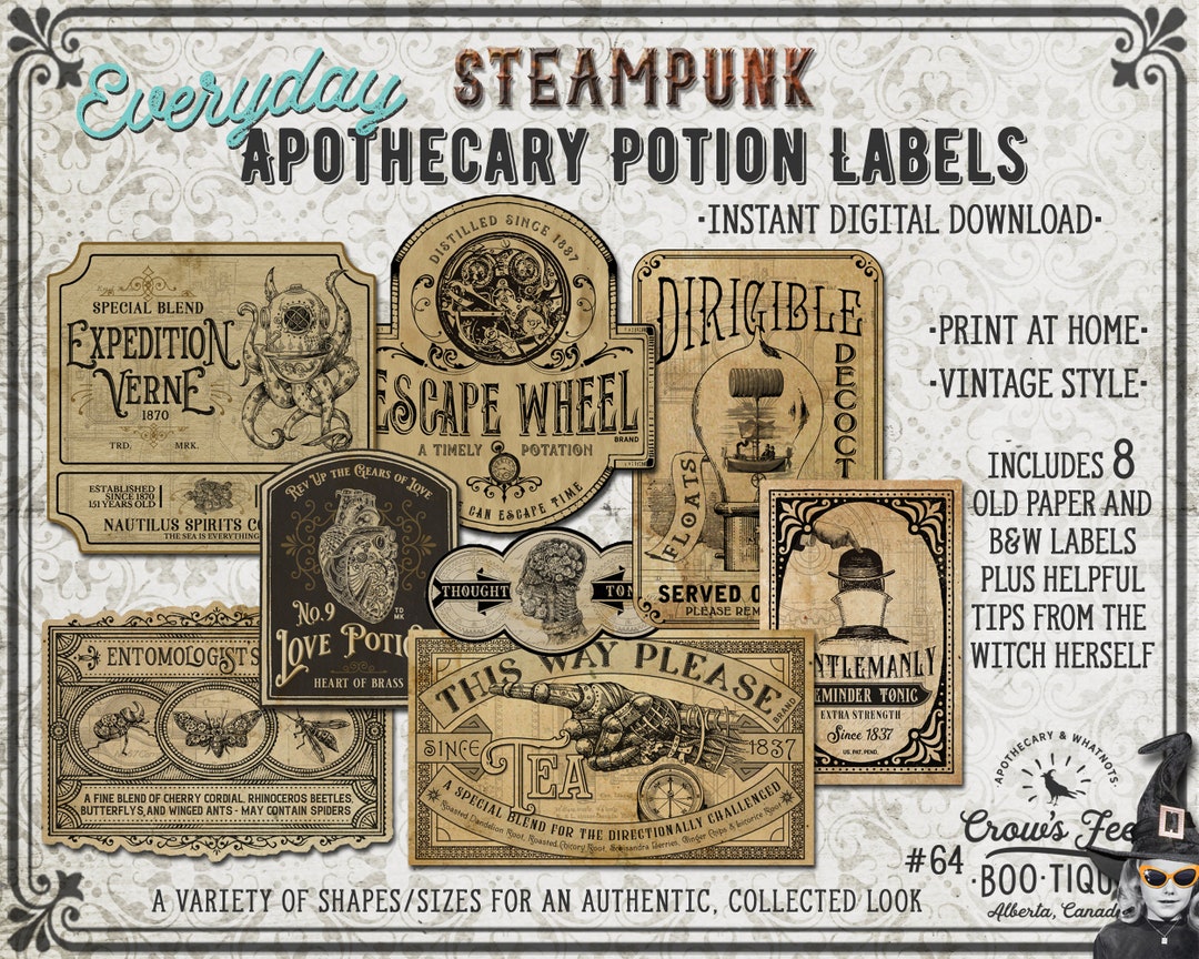 Steampunk Vintage Look Labels 64, Apothecary Labels for Jars, Printable ...