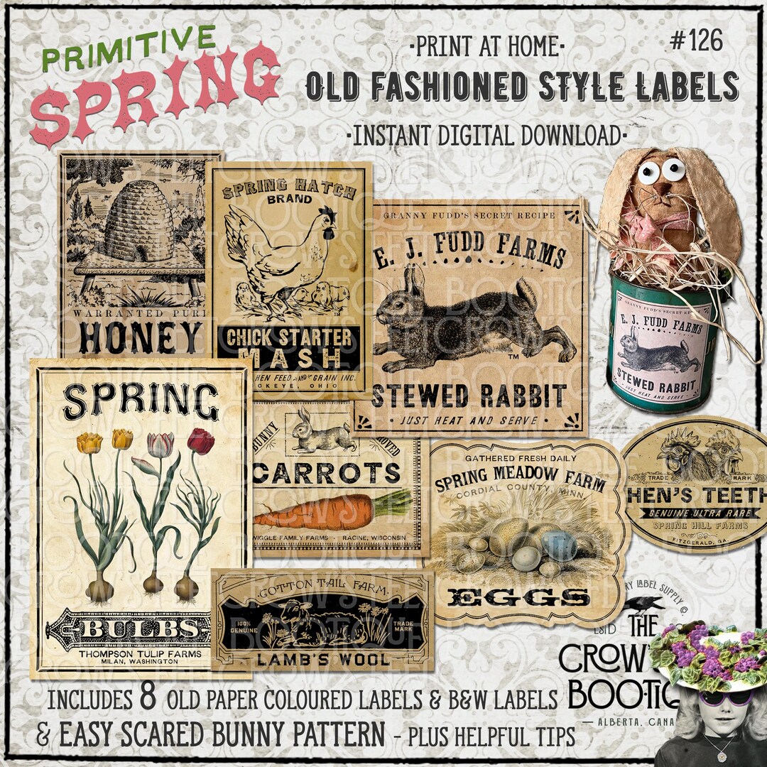 Primitive Country Style Spring Labels & Bunny Pattern, #126, Printable ...