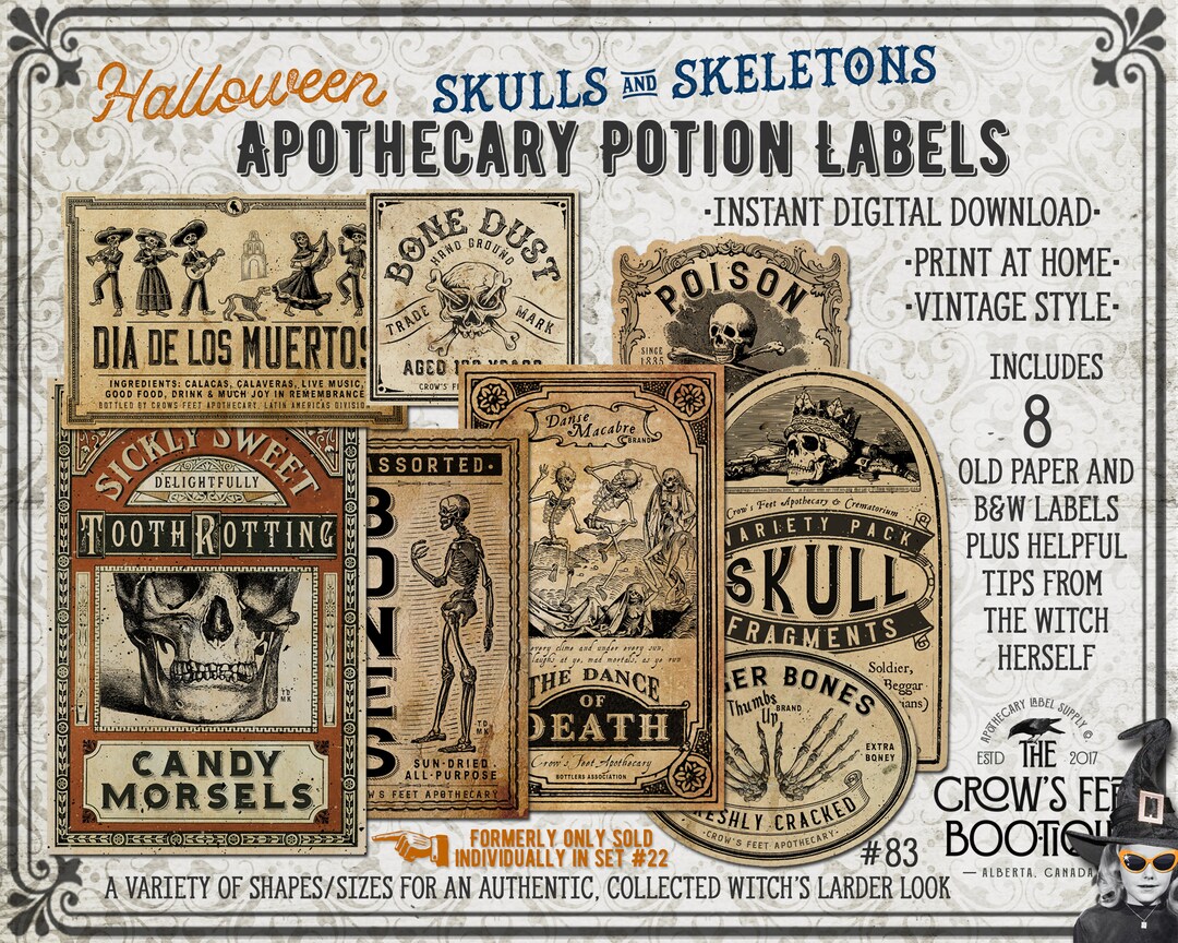 Vintage Look Potion Labels 83, Skulls & Skeletons, Printable Potion Jar ...