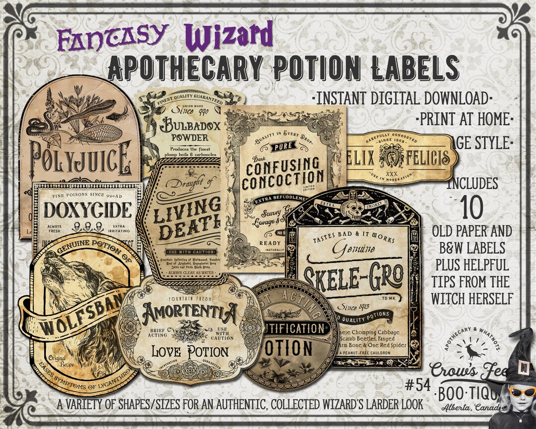 Vintage Look Potion Labels 54, Wizards Apothecary Labels for Jars ...