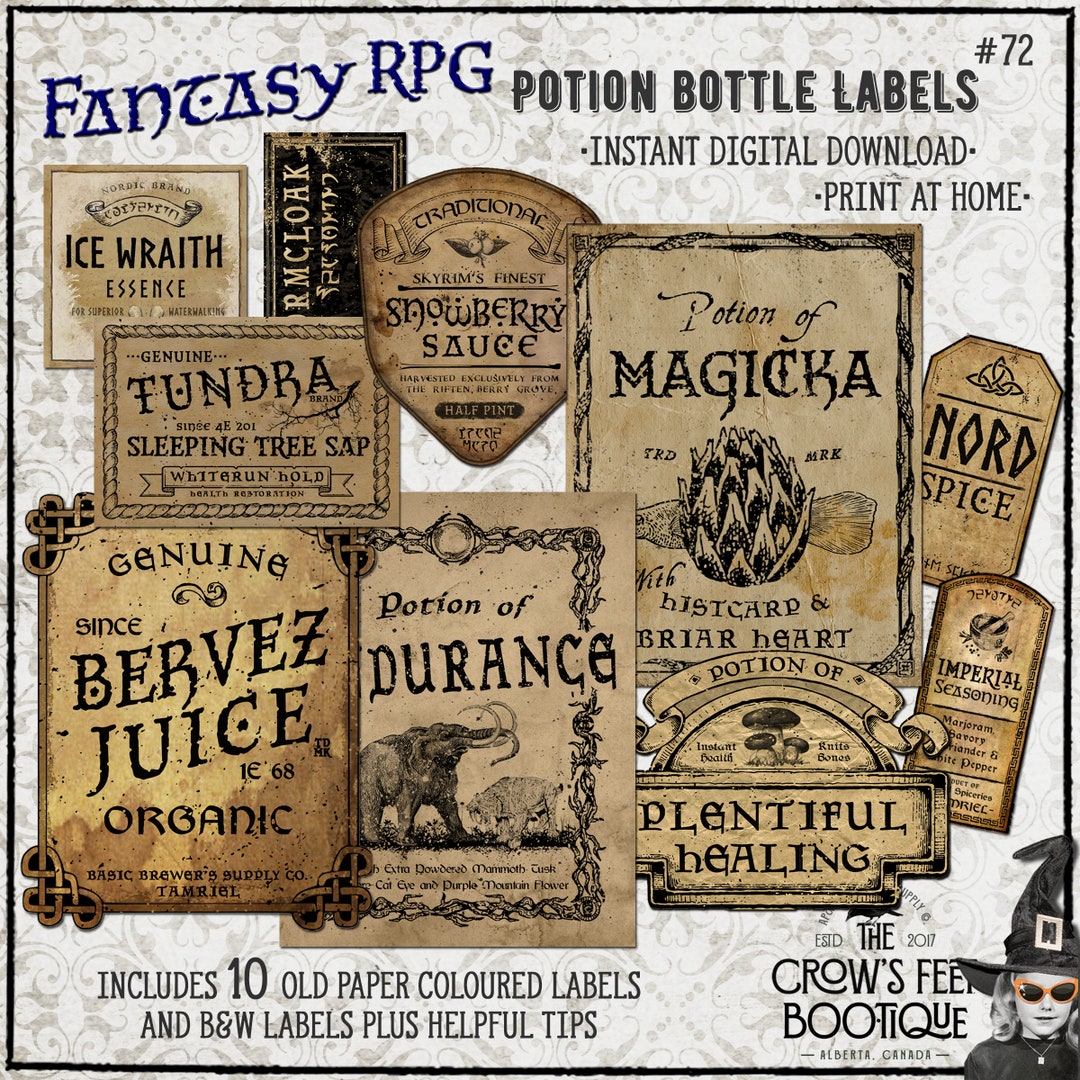 Vintage Look Potion Labels #72, Fantasy RPG Labels for Jars, Printable ...