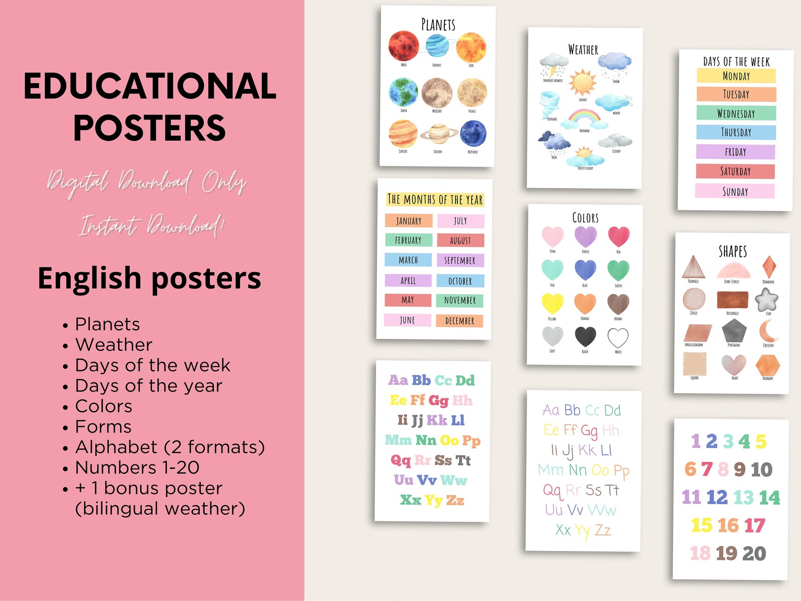 Educational Montessori Posters Bundle Solar System Colorful Days of ...