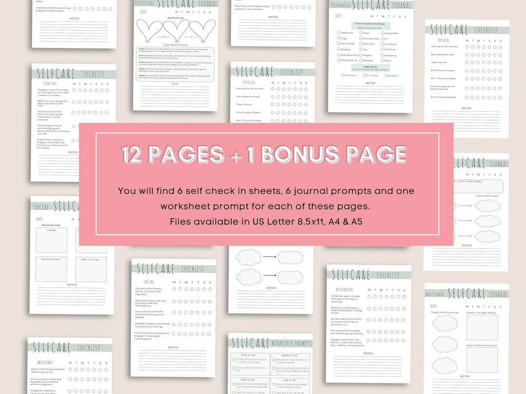 Printable Weekly Self-care Checklist Bundle, Mental Well-being, 12 ...
