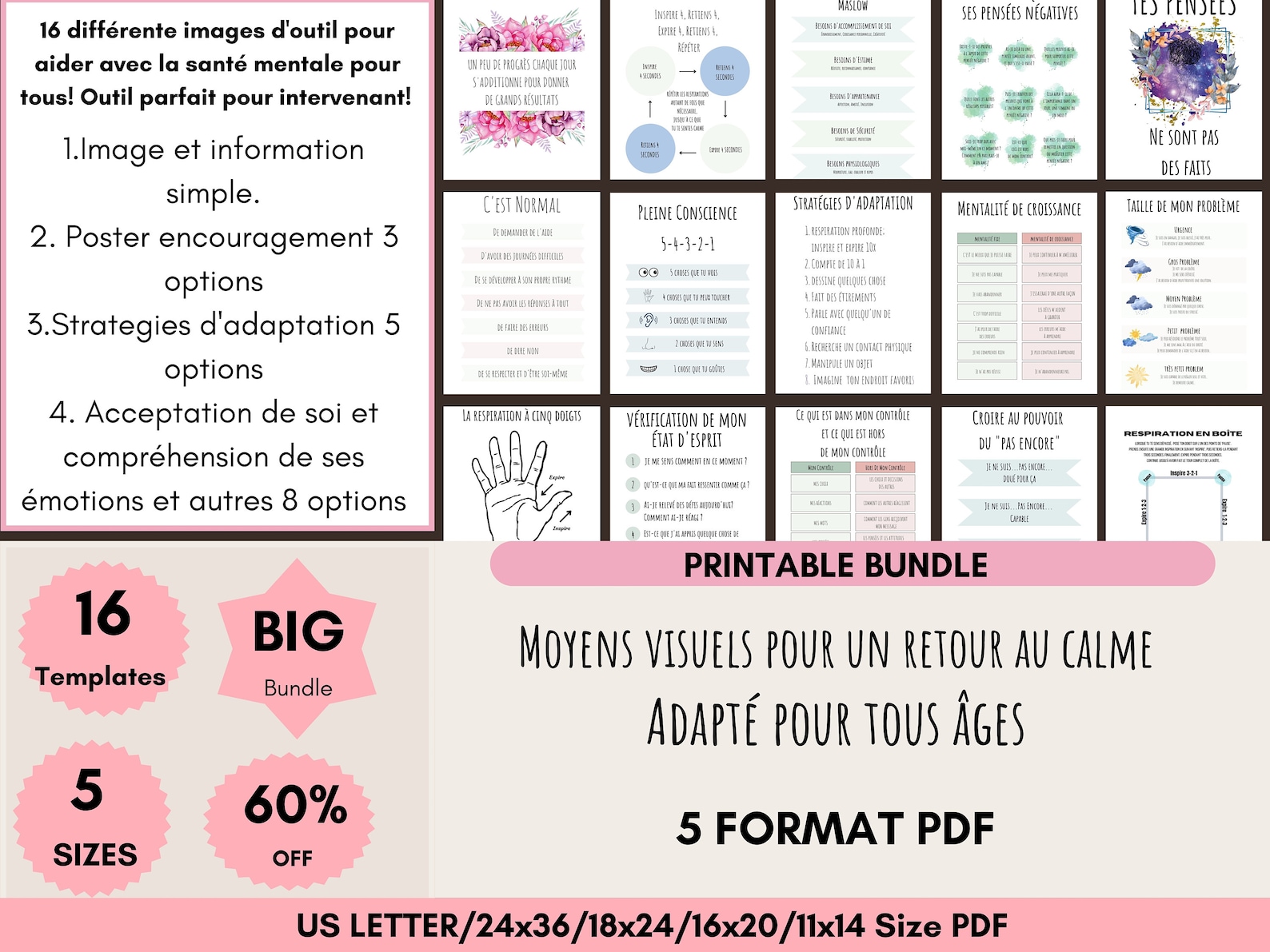 Find Inner Peace French Mental Health Bundle 16 Pages of Anxiety Relief ...