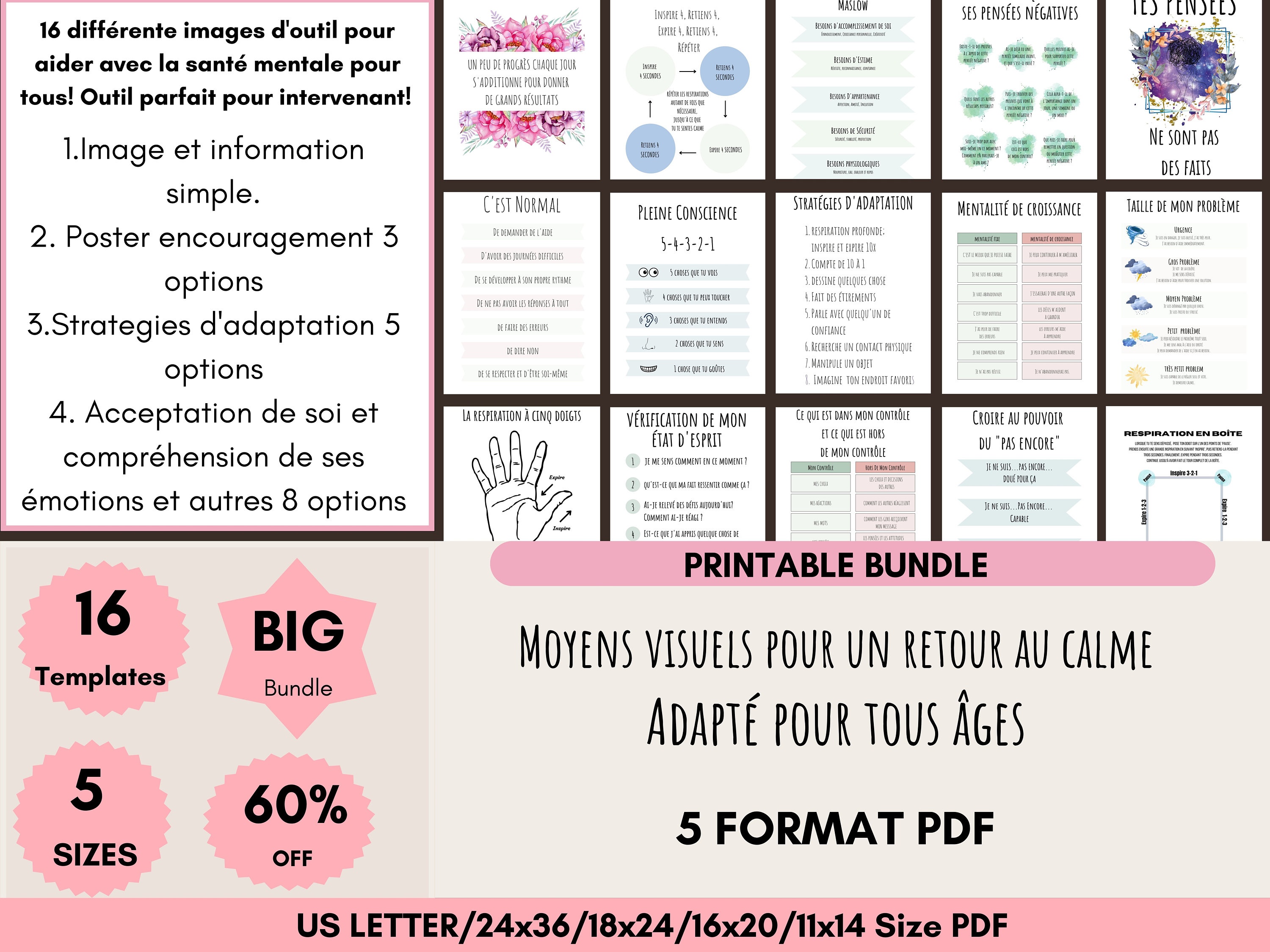 Find Inner Peace French Mental Health Bundle 16 Pages of Anxiety Relief ...