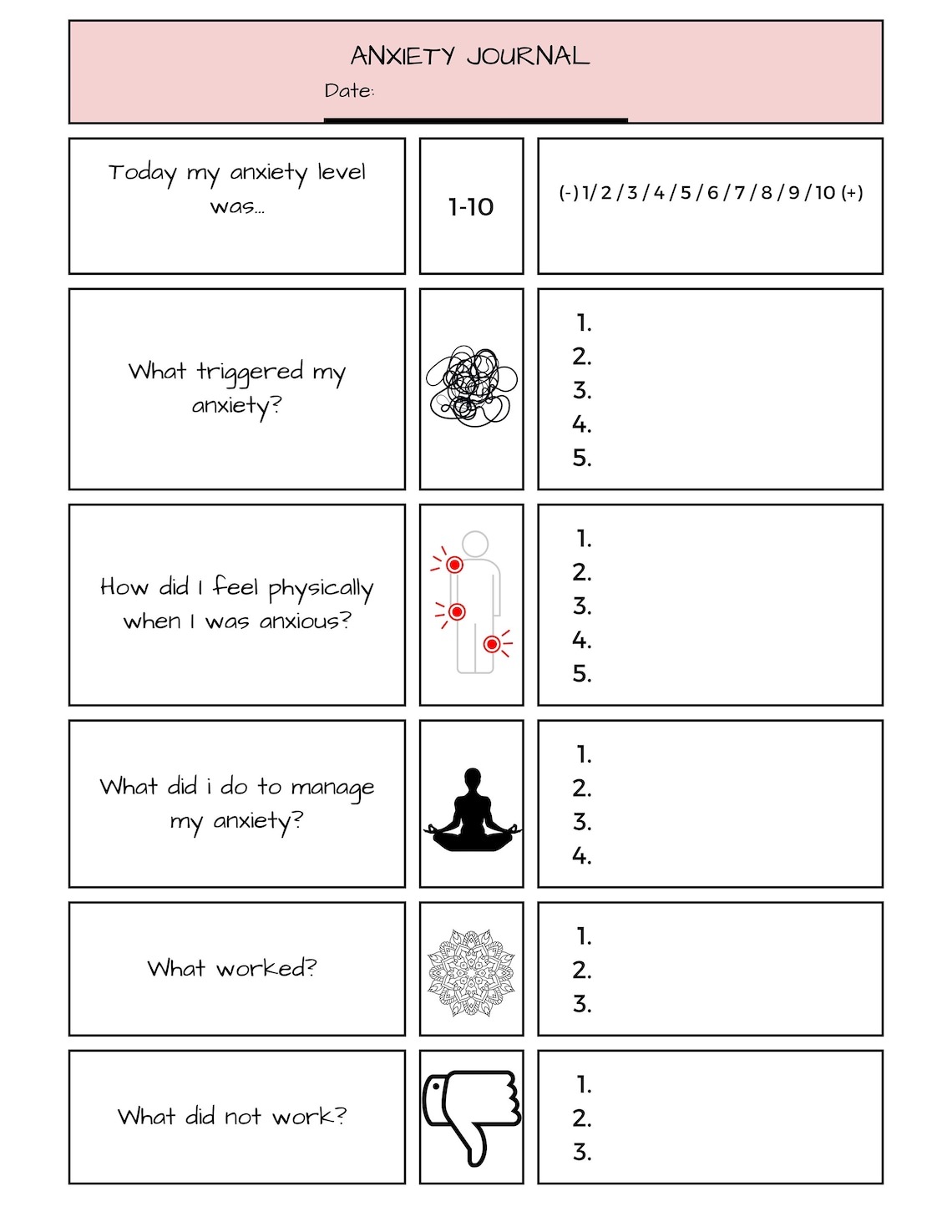 Anxiety Worksheet Anxiety Journal Self Check in Self Care - Etsy