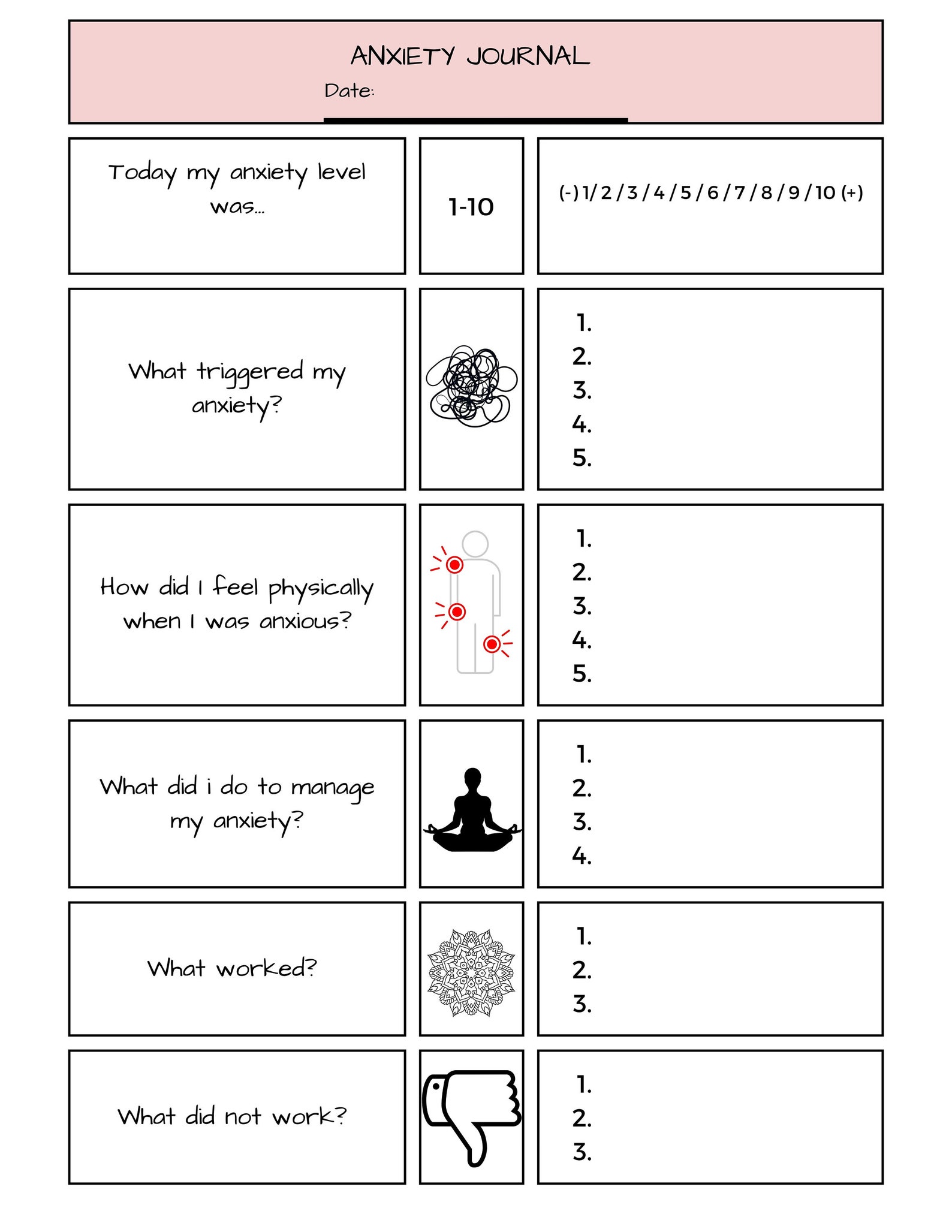 Anxiety Worksheet Anxiety Journal Self Check in Self Care Worksheet ...