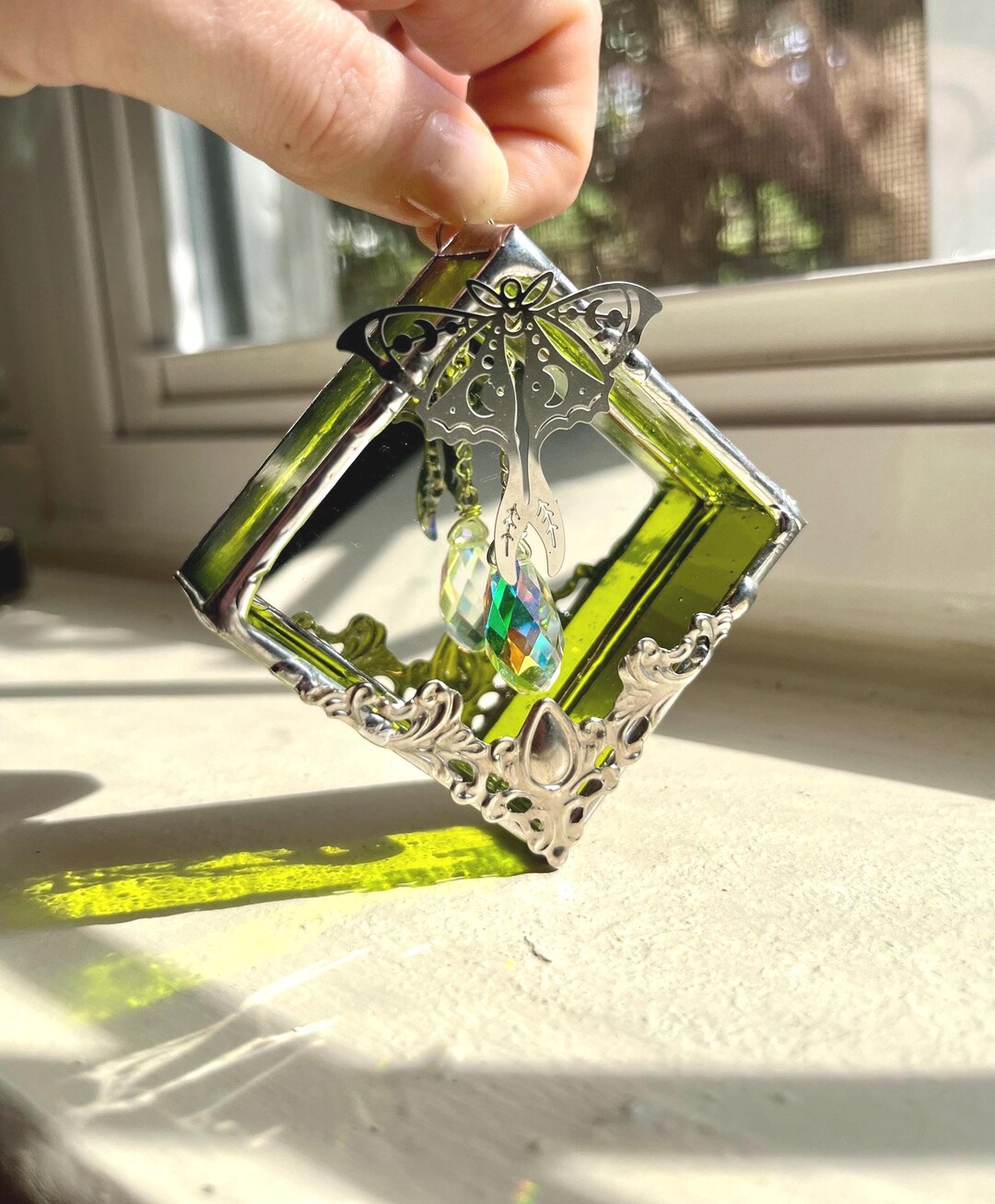 Glass Luna Moth Suncatcher: Green Stained Glass, Filigree Shadowbox - Etsy