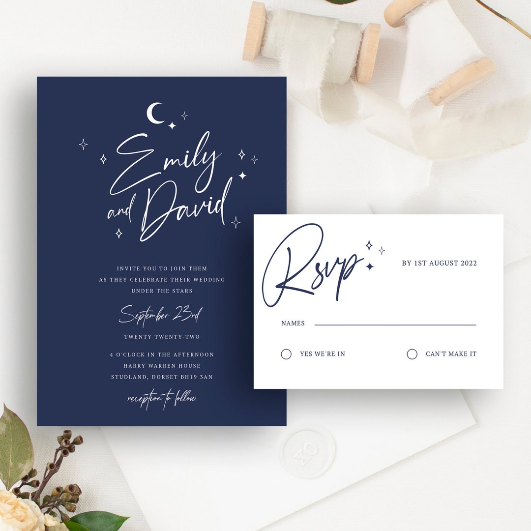CELESTE | Starry Wedding Invitation Template Suite, Navy Blue Wedding ...