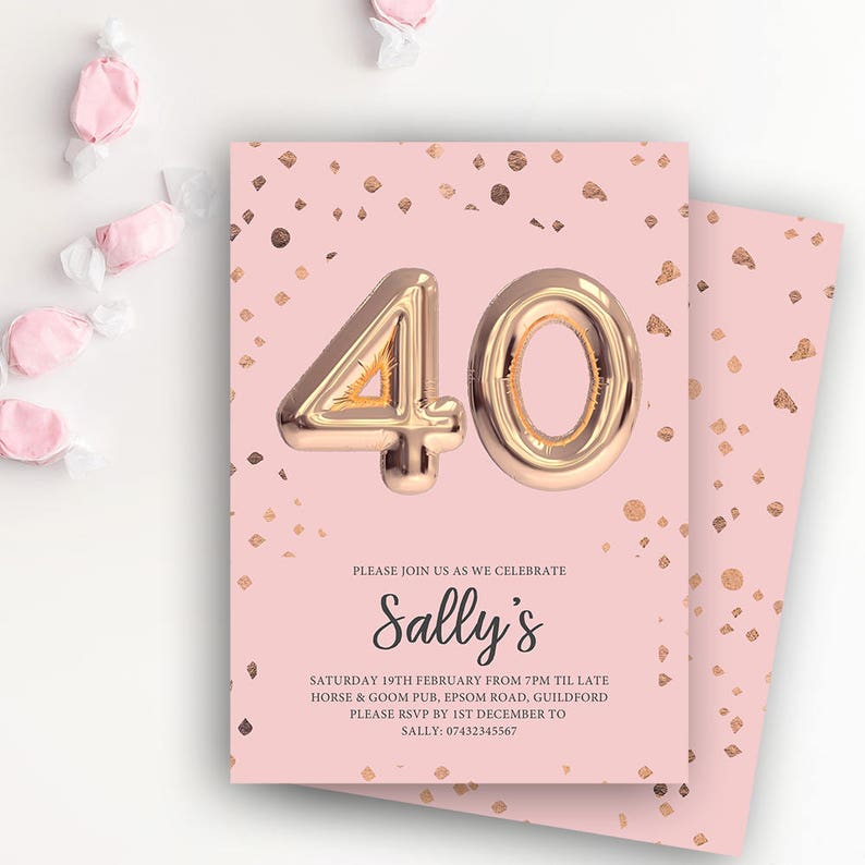 40th Birthday Printable Invitation Rose Gold Balloon - Etsy