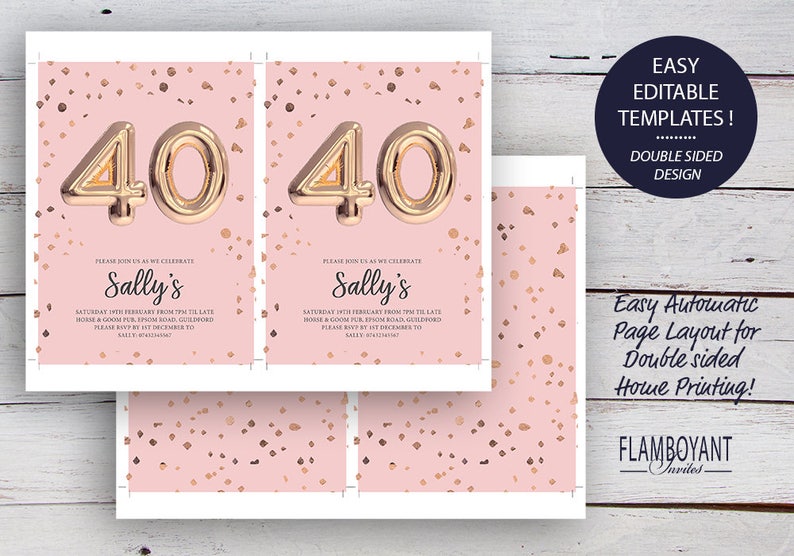 40th Birthday Printable Invitation, Rose Gold Balloon - Instant ...