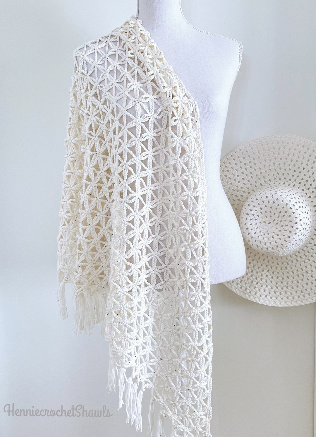 Crocheted Shawl, Bridal Shawl, Stole, Bolero, Pearl White Shawl, Gift ...