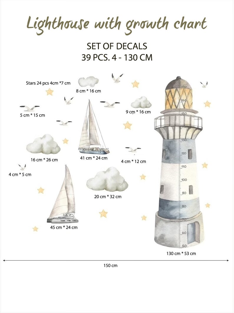 Lighthouse Ocean Sea Sticker With Growth Chart Height Chart - Etsy