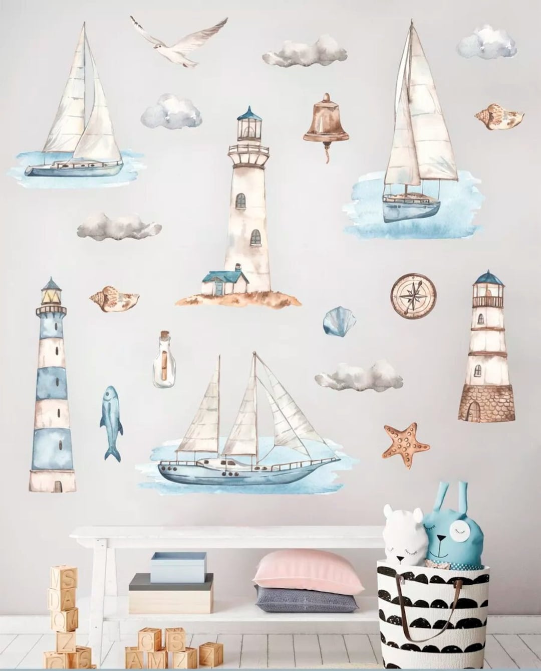 Ocean Lighthouse Ship Wall Decal, Sea Cruise Sticker Set, Boy's and ...