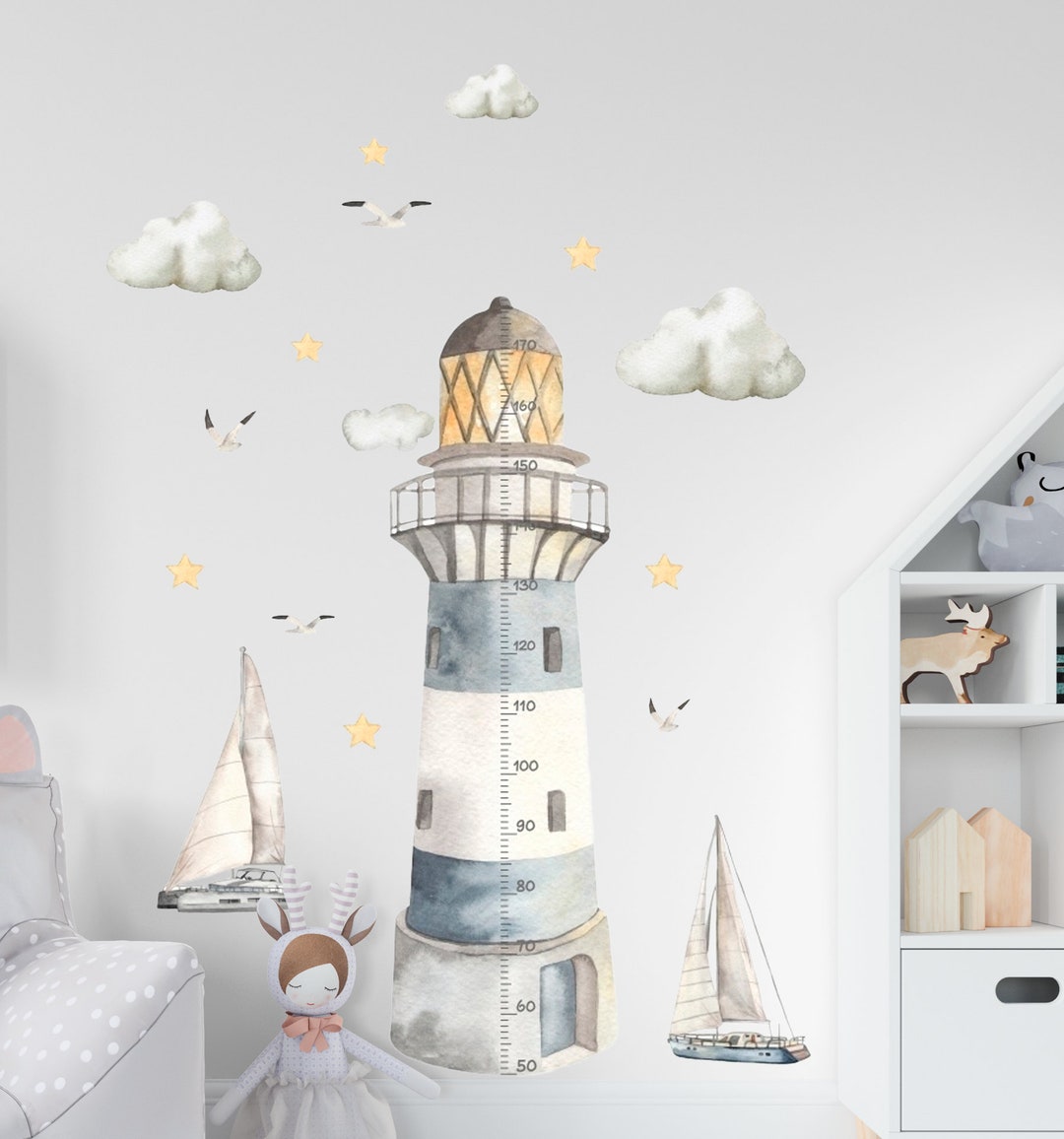Decal Lighthouse With Growth Chart for Kids Room, Navy Height Chart ...